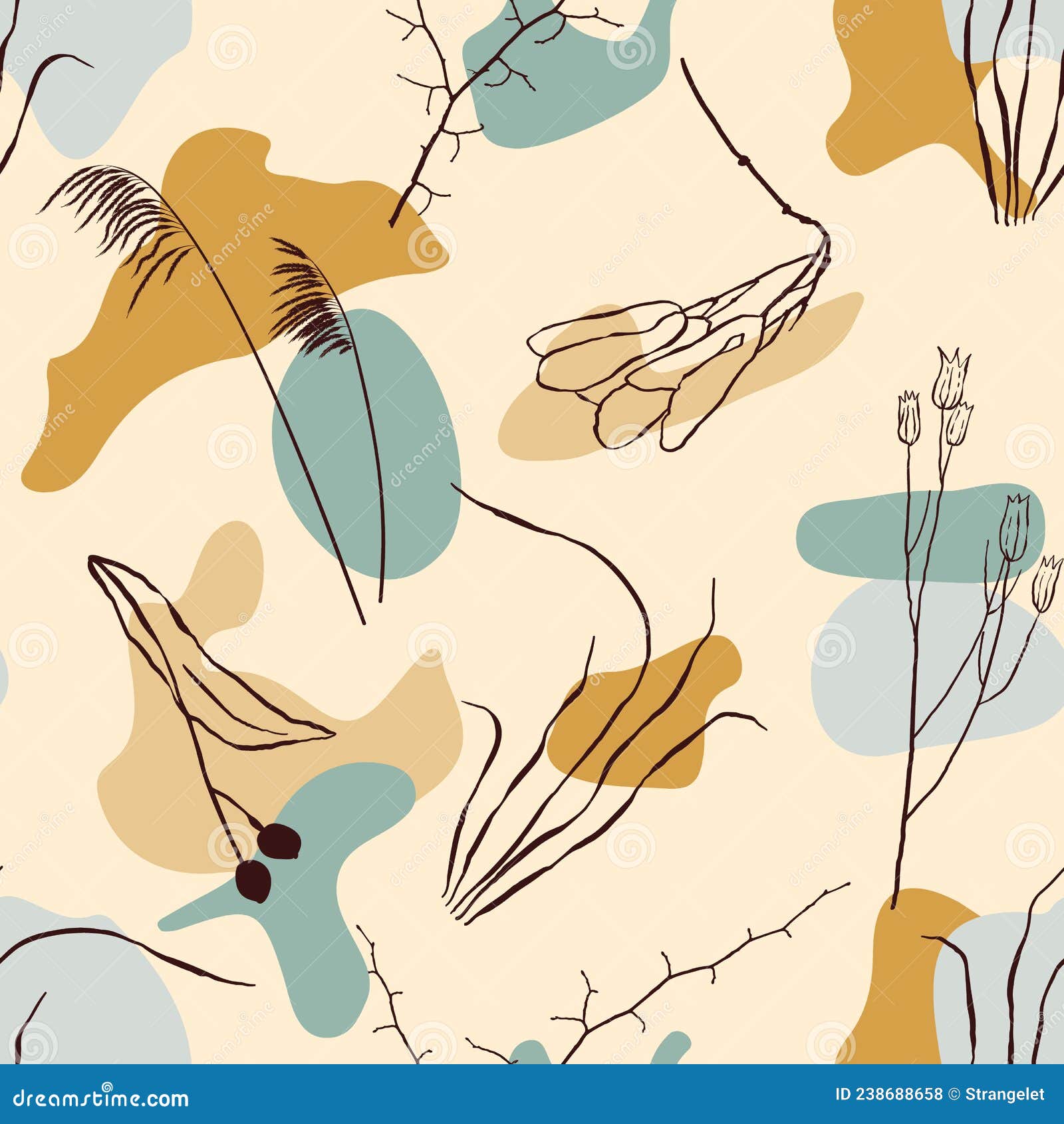Modern Abstract Geometric Shapes and Botanical Line Drawings Seamless ...