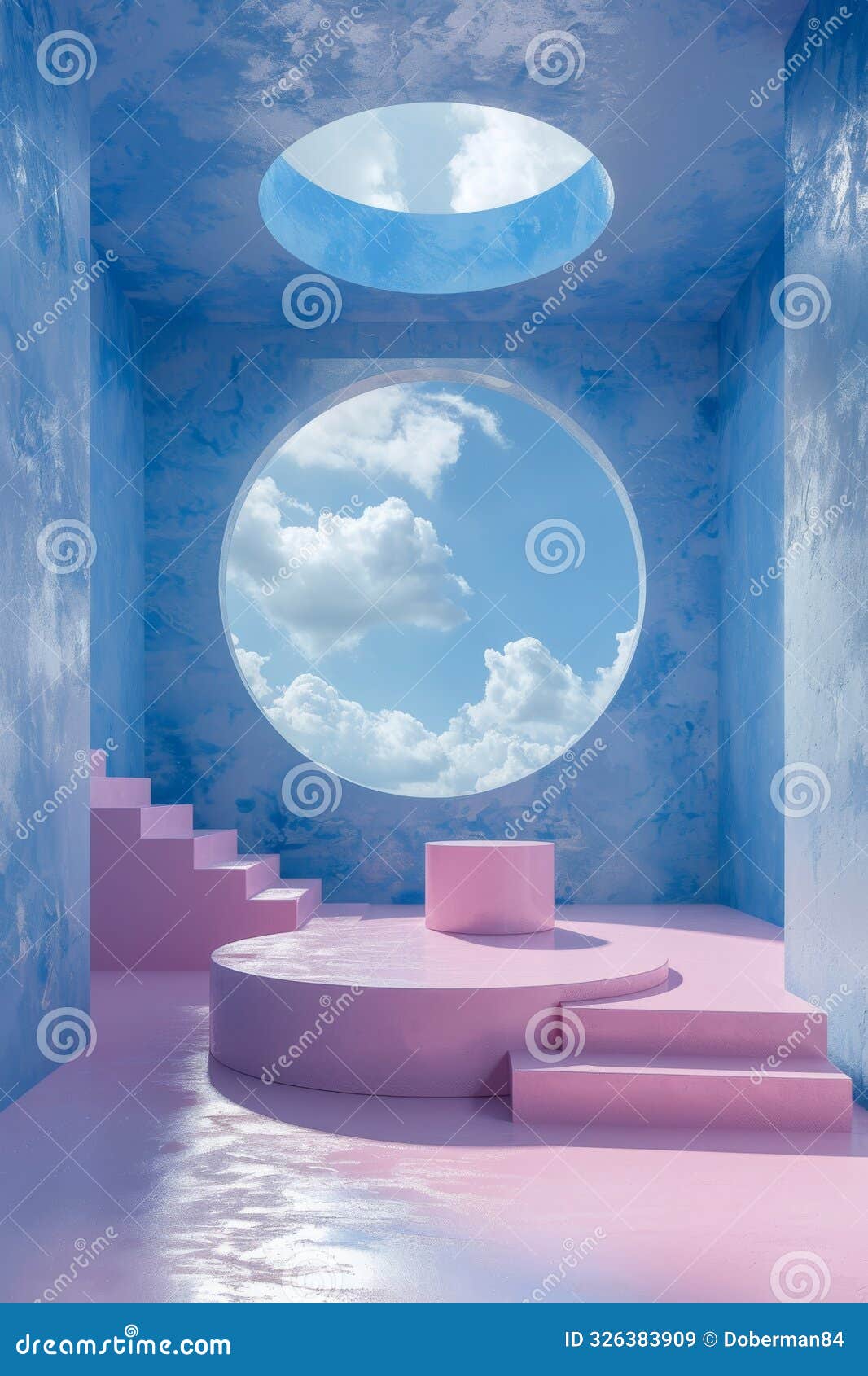 Modern Abstract Interior with Round Podium and Open Ceiling Featuring a ...