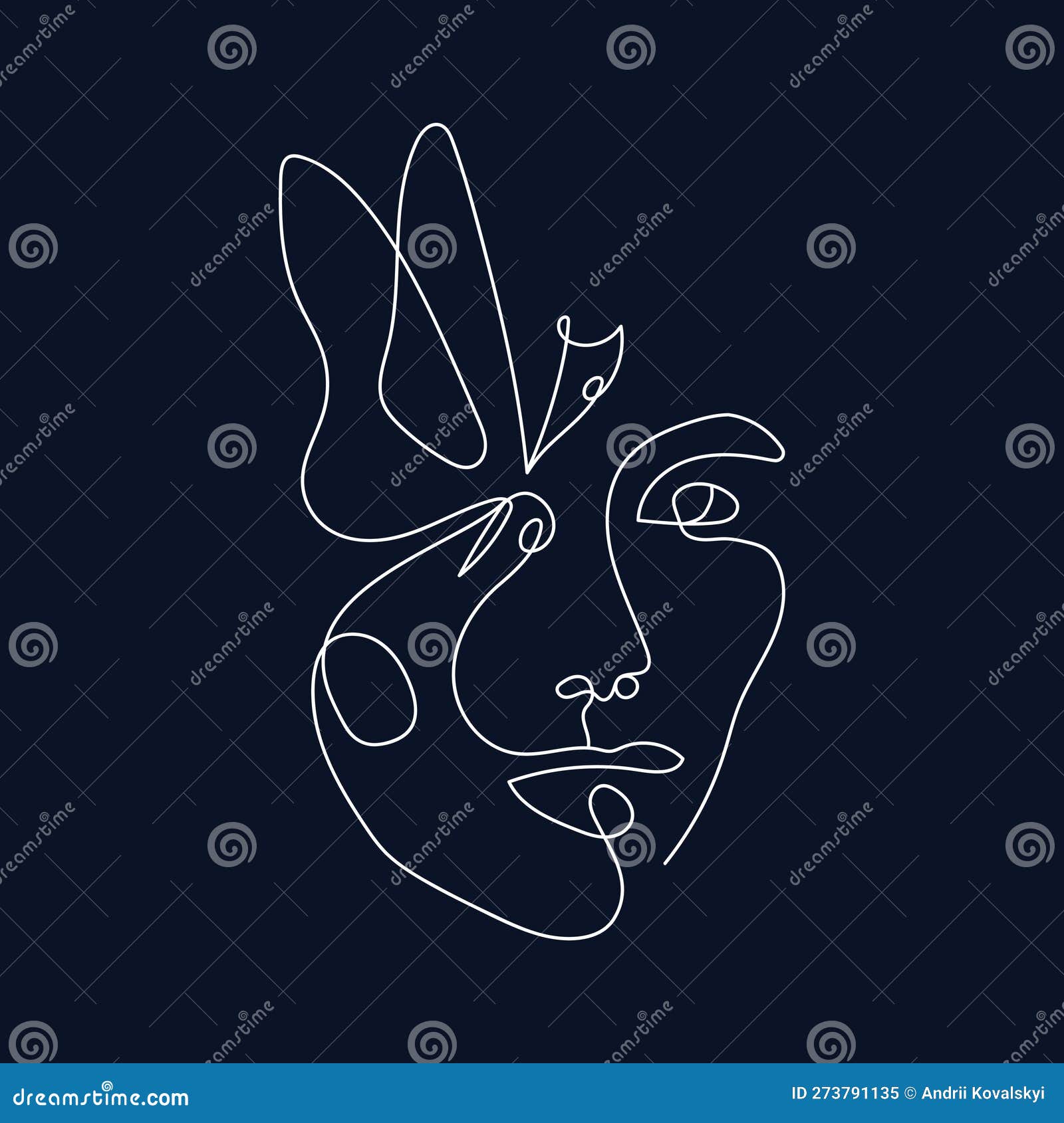 Modern Abstract Line Minimalistic Women Face Arts On Black Background