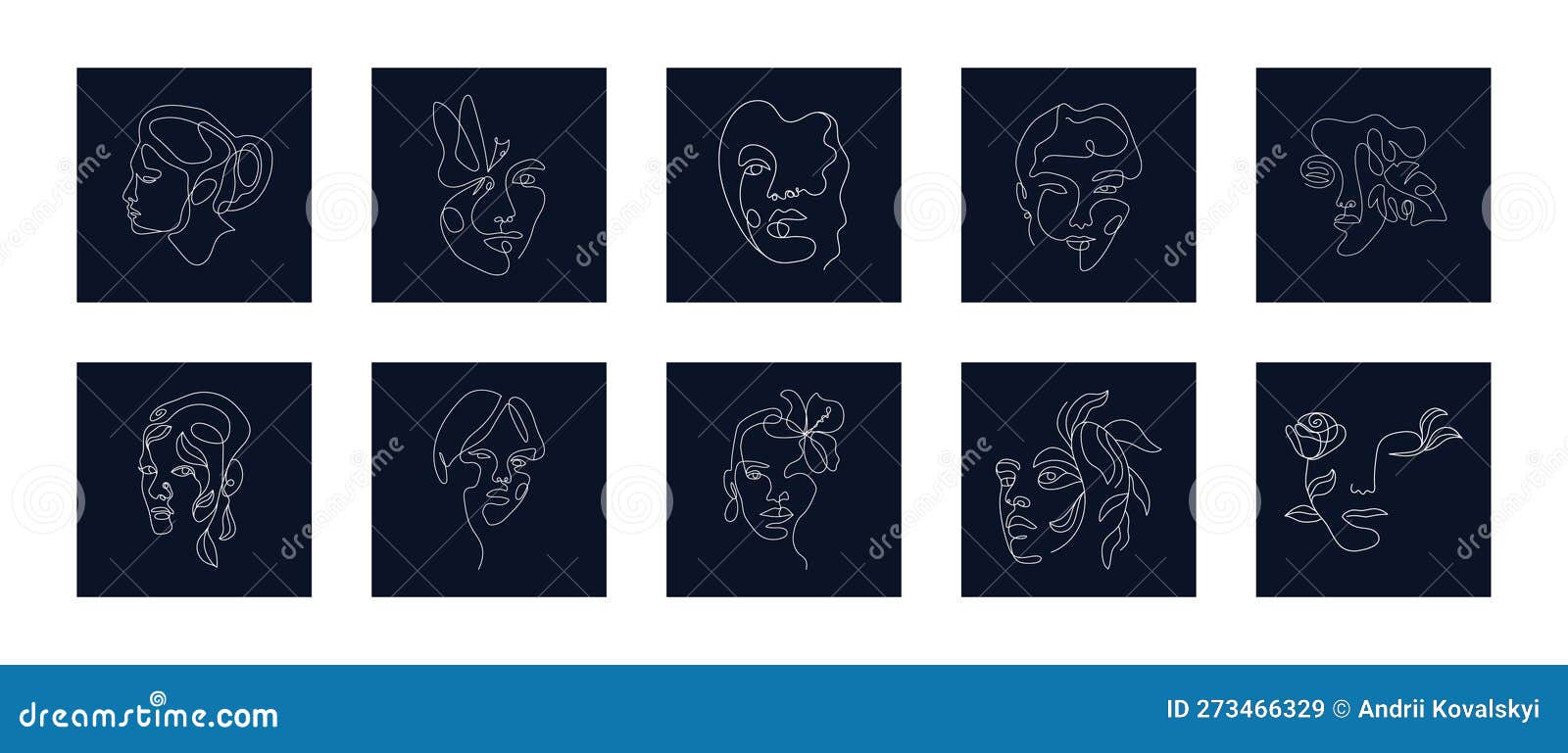 Modern Abstract Line Minimalistic Women Faces Arts Set On Dark