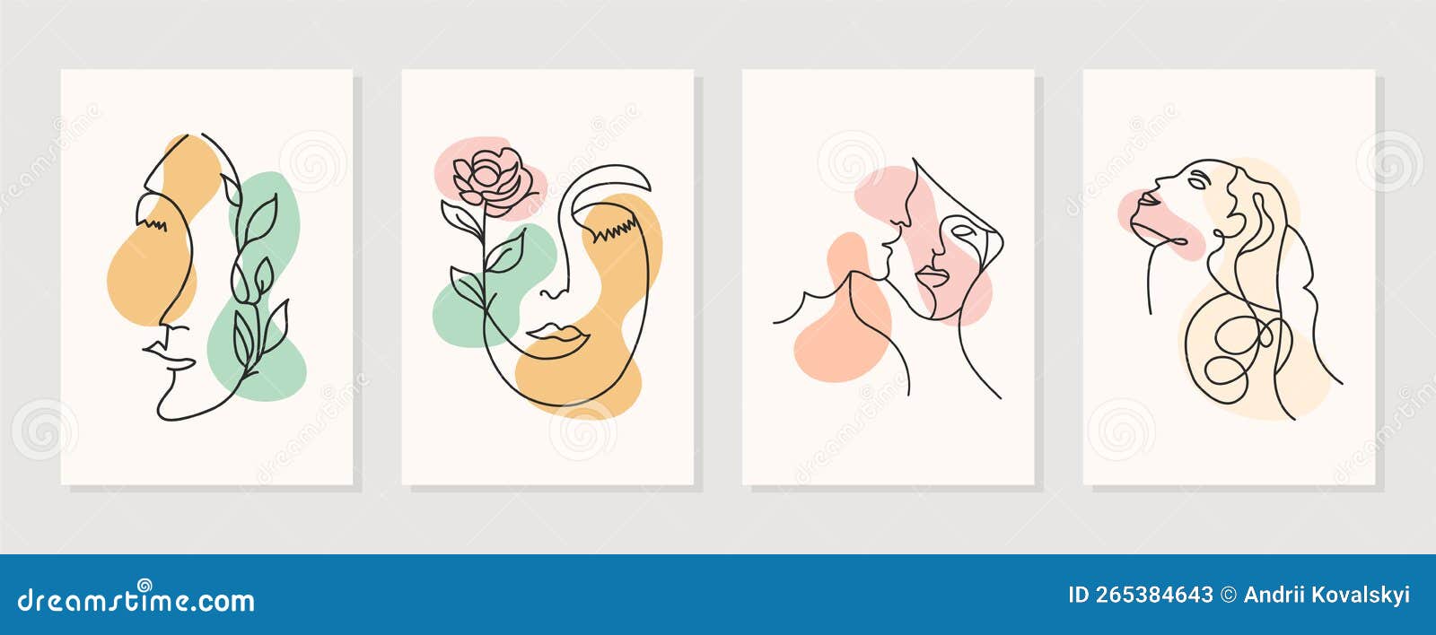 Modern Abstract Line Minimalistic Women Faces Arts Set With Different