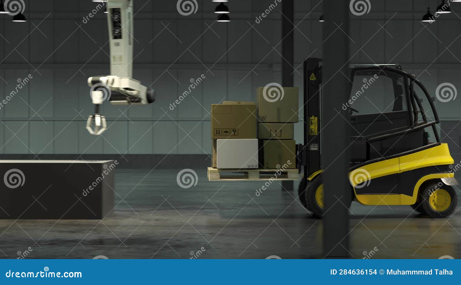 Modern, Advanced, Robot Arm Loading and Stacking Cargo Boxes Onto a ...