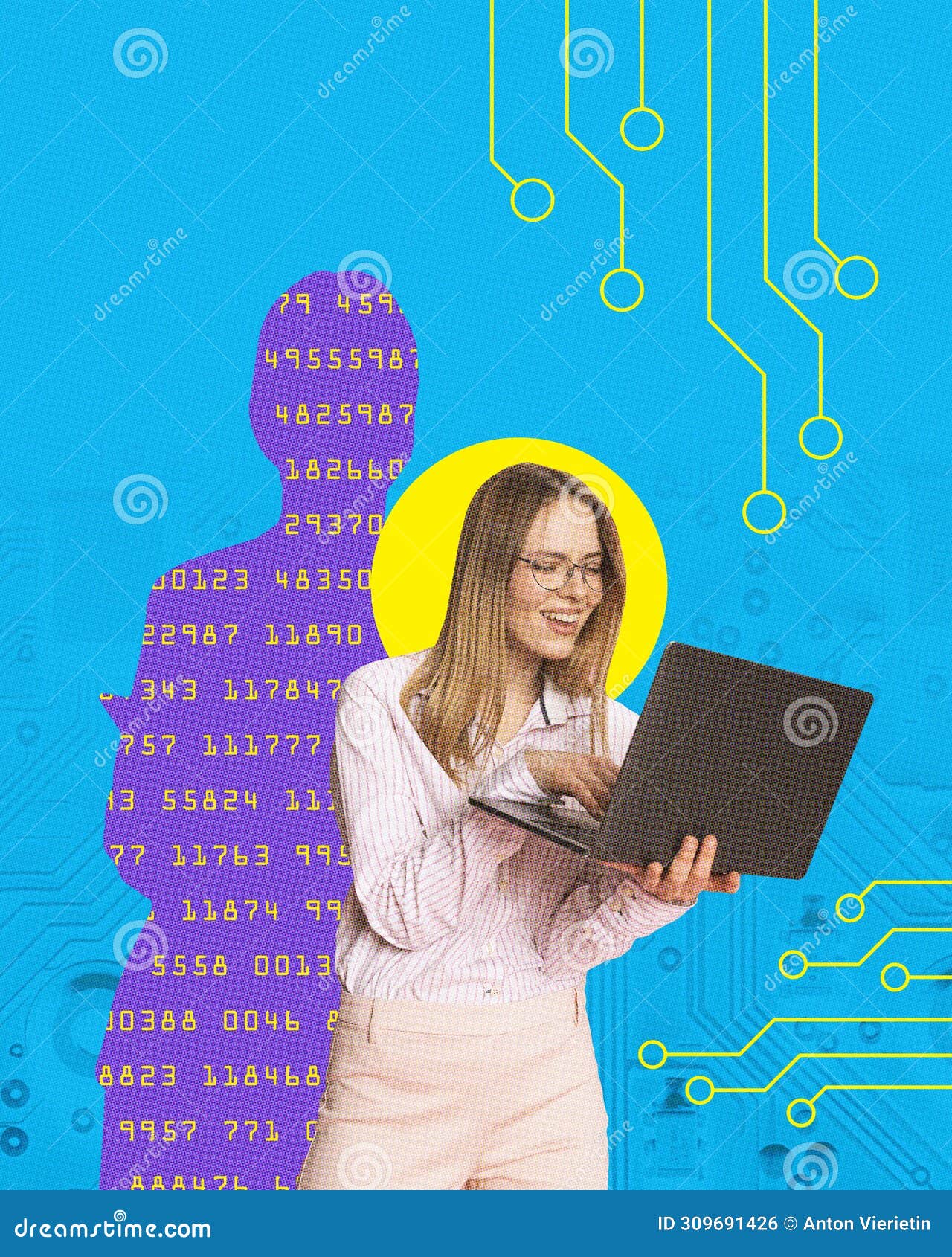 Modern Aesthetic Artwork. Woman Using Laptop while Silhouette of Person ...