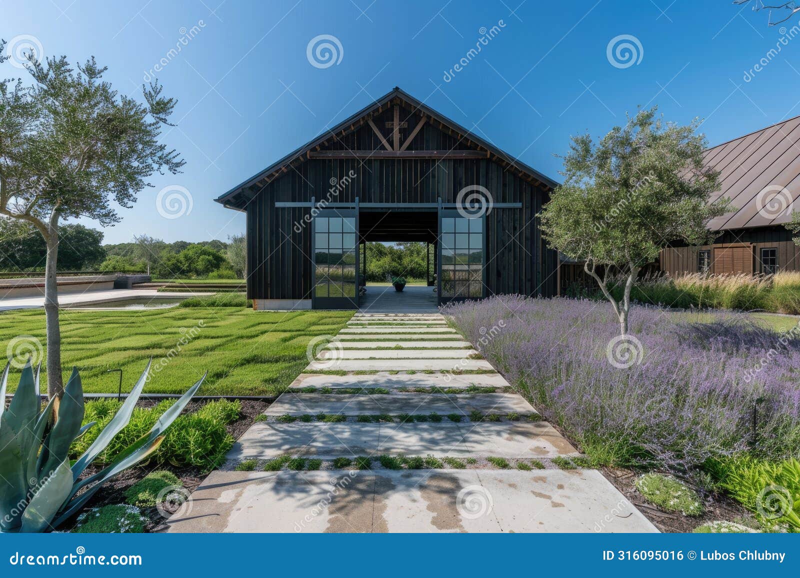 Modern Agricultural Barn with a Yard of Concrete Slabs Stock ...
