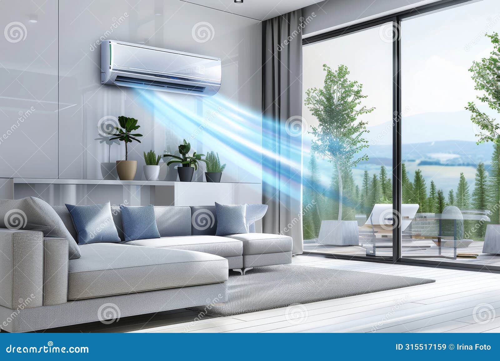 Modern Air Conditioner in a Living Room Interior with Sofa. Stock Image ...