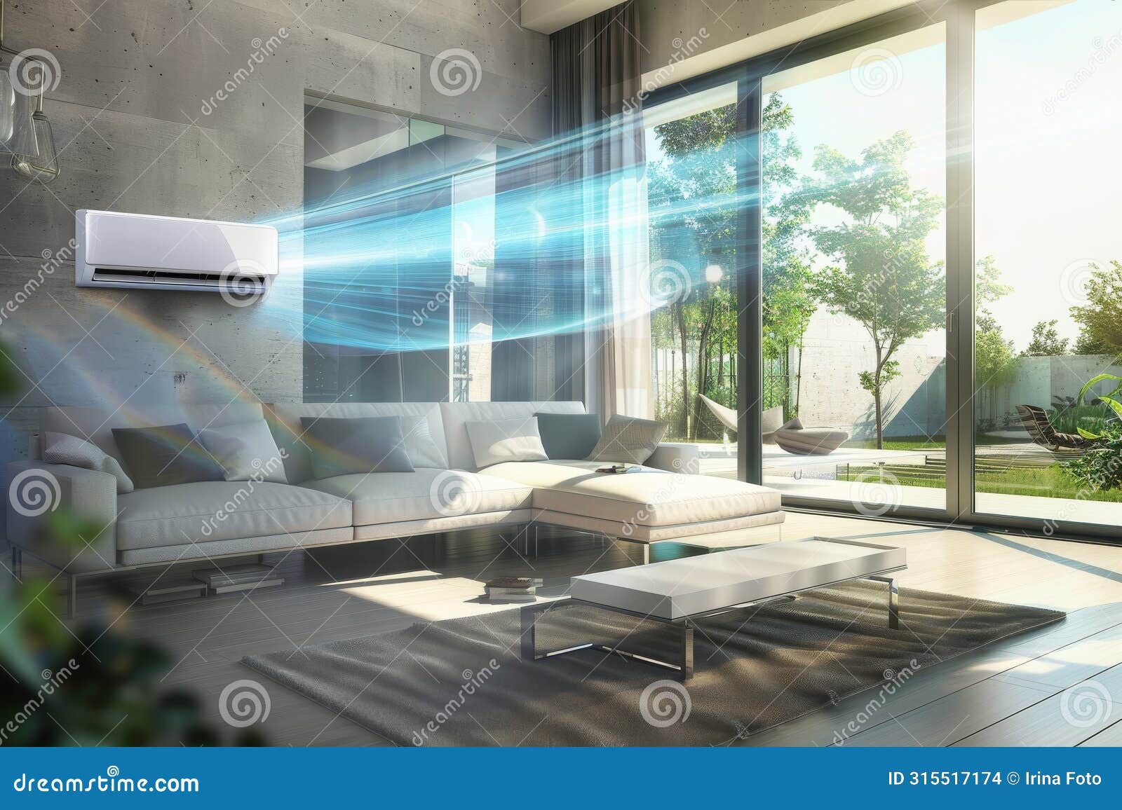 Modern Air Conditioner in a Living Room Interior with Sofa. Stock Photo ...
