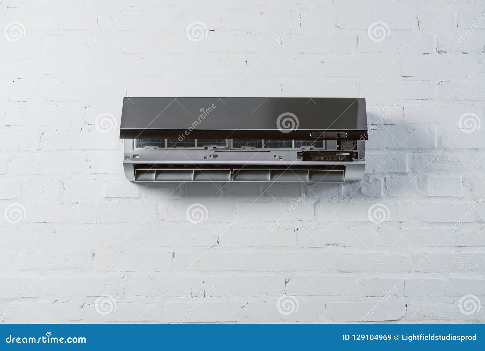 Modern Air Conditioner with Opened Front Plate Hanging on White Stock ...