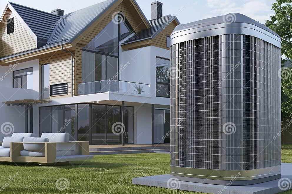 A Modern Air Conditioner Unit in Front of a House. Suitable for Home ...