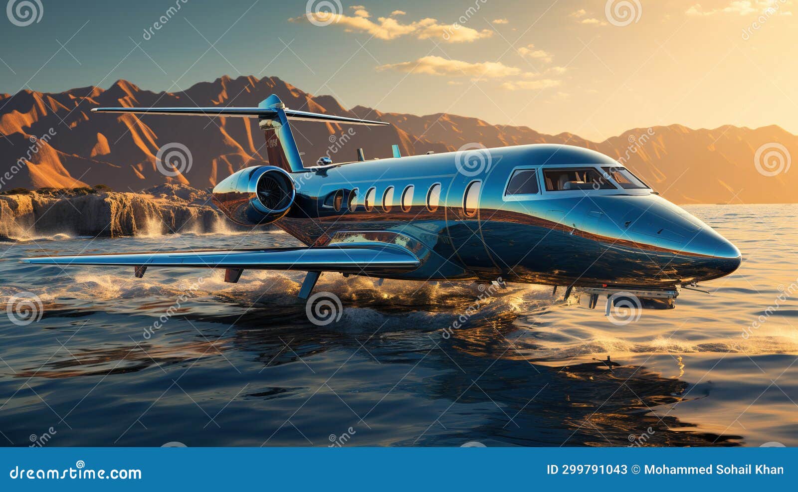 A Modern Aircraft Flying on Ocean and Mountains of Futuristic ...