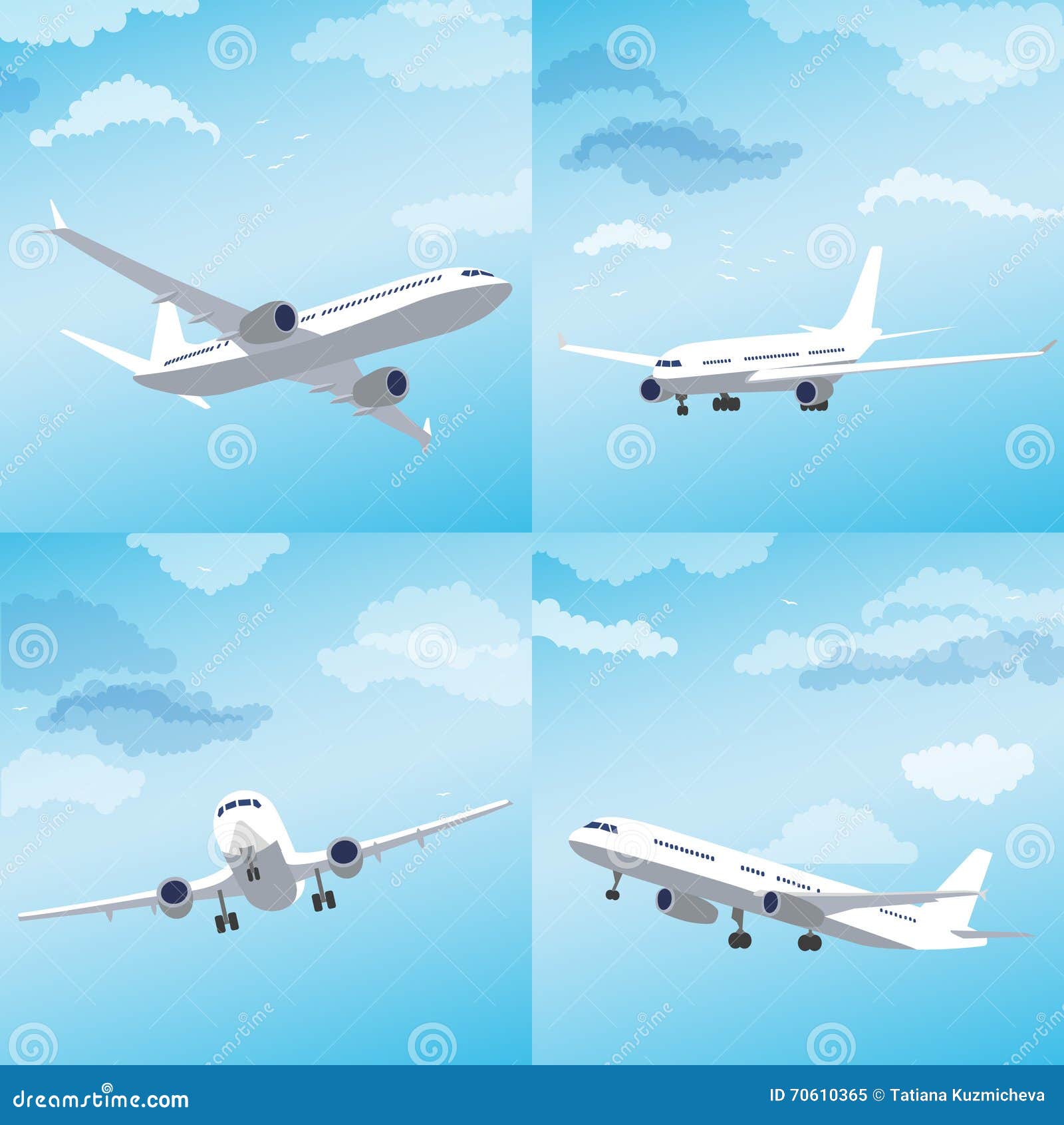 Modern Airplane Flying through Clouds, Set. Vector Stock Vector ...