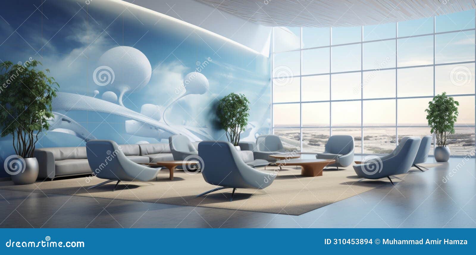 A Modern Airport Lounge with a 3D Sky-themed Wall Pattern, Stock ...