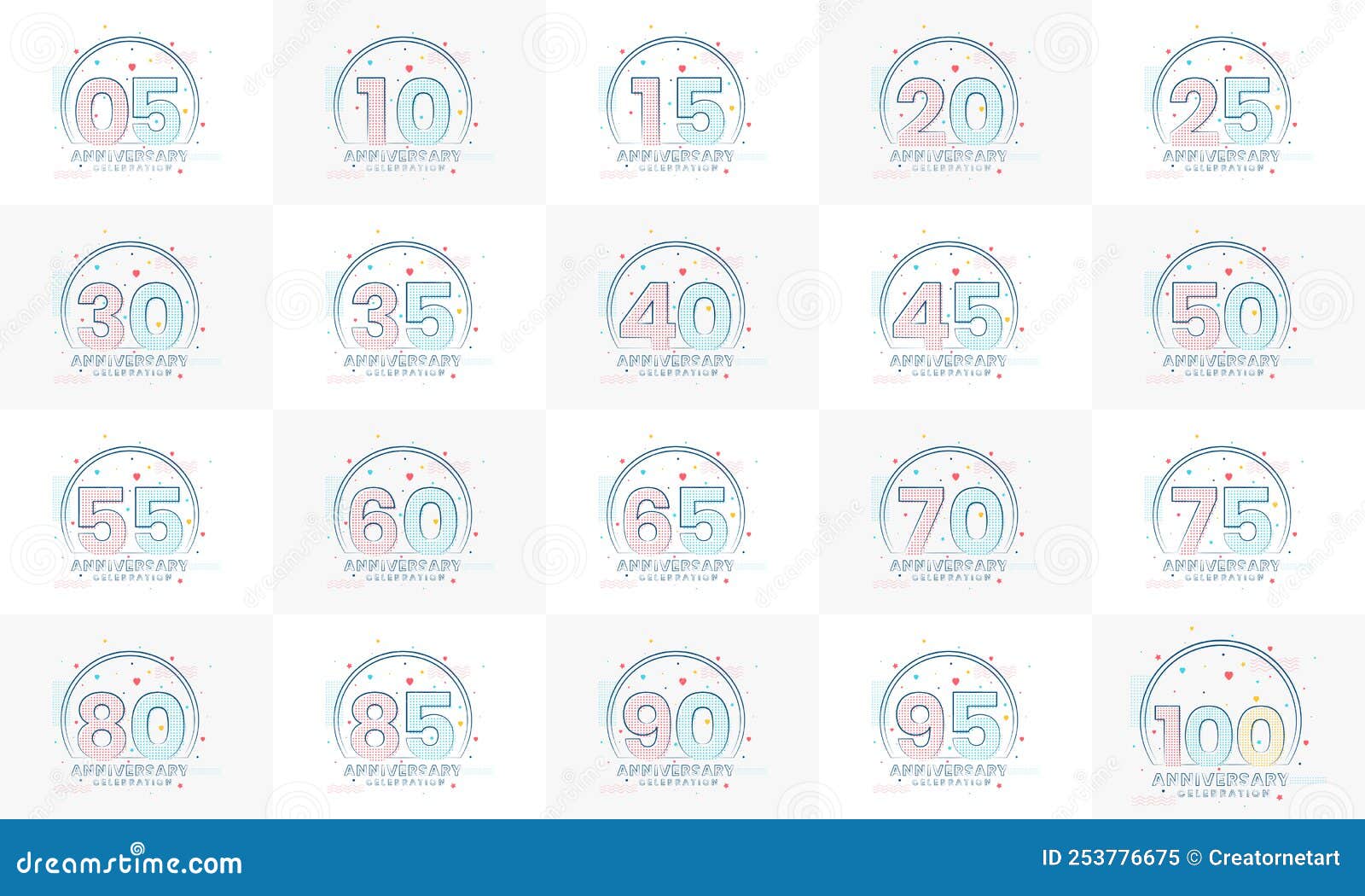 Modern Anniversary Logo Set. 30th, 35th, 40th, 45th, 50th, 55th, 60th ...