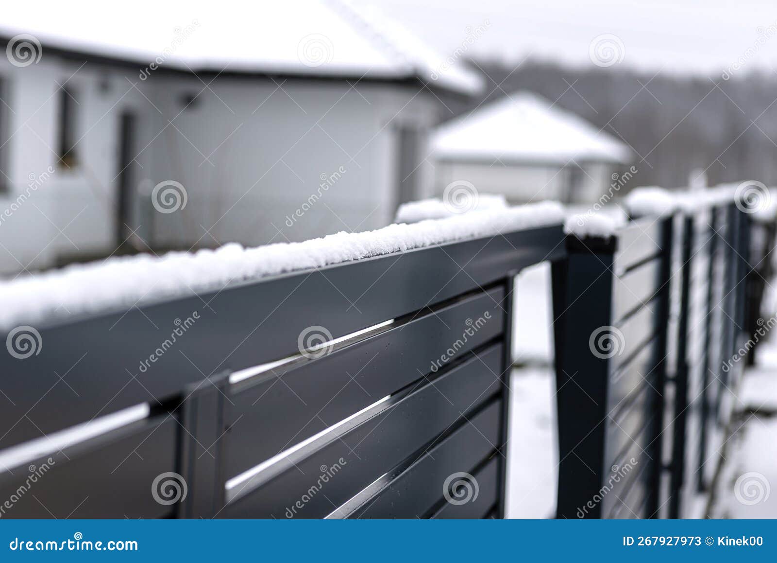Modern Anthracite Panel Fence with Falling Snow, Visible Sliding Gate ...