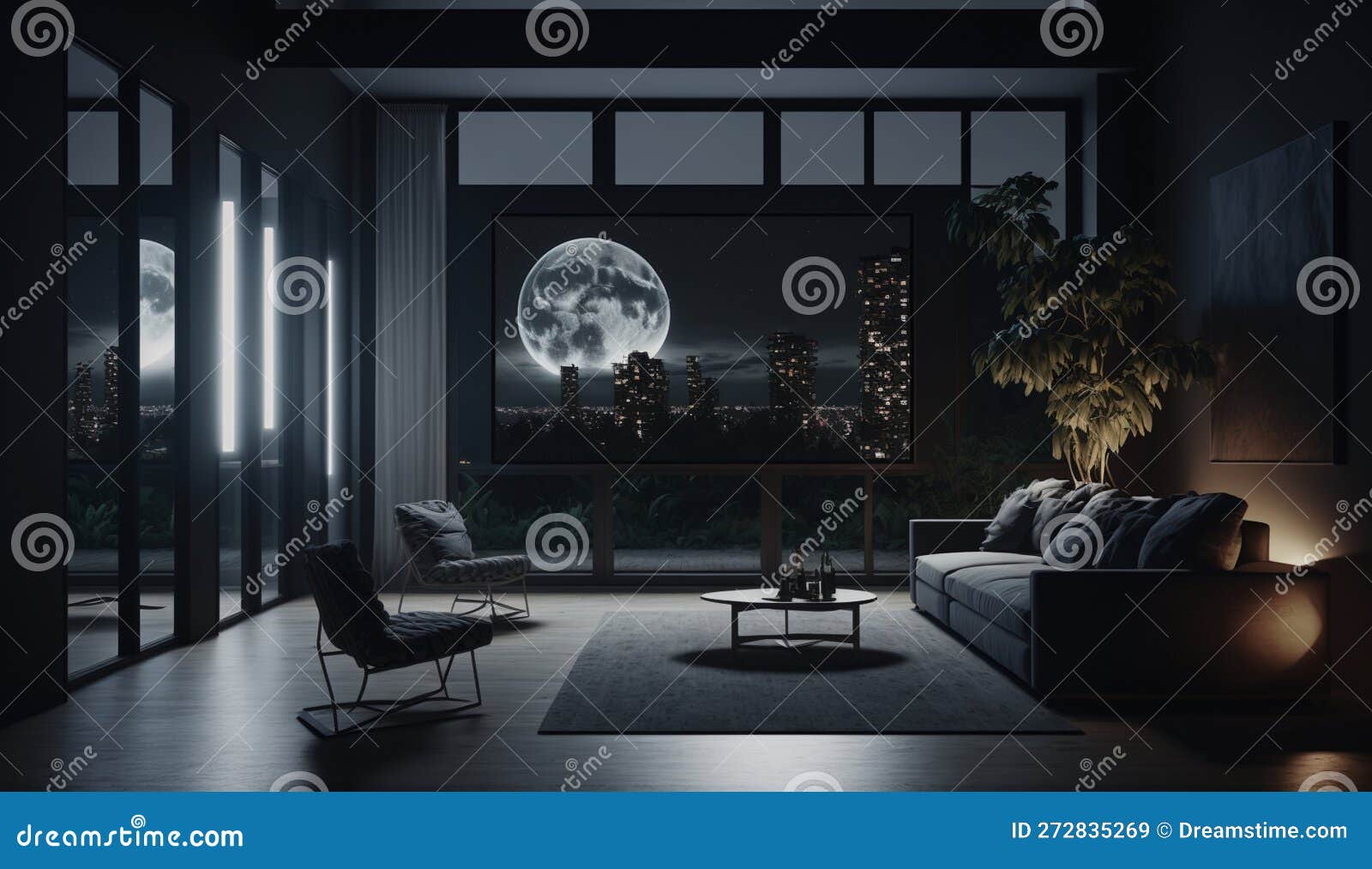 Modern Apartment with Big Windows and Abstract Art Frame Interior ...