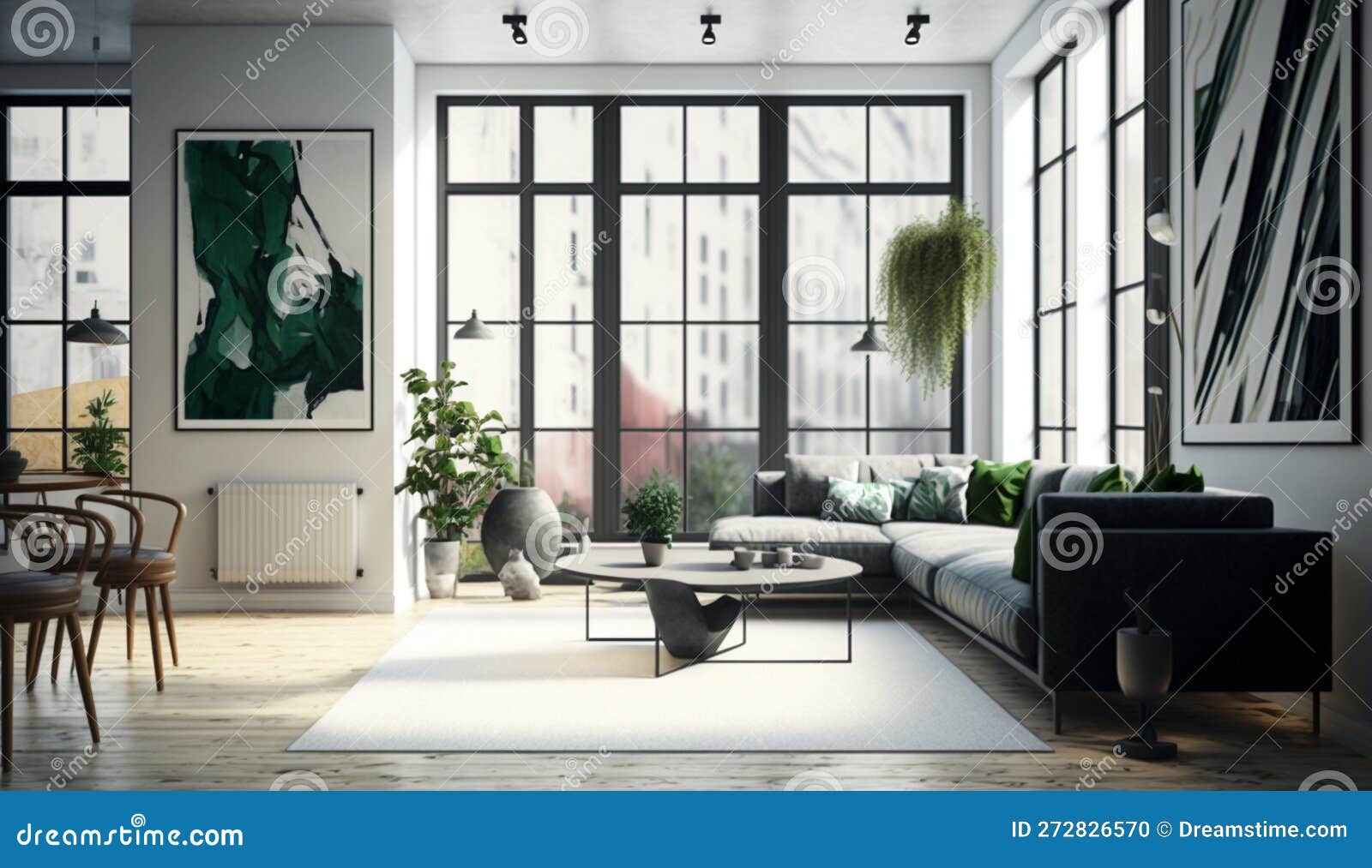 Modern Apartment with Big Windows and Abstract Art Frame on the Wall ...