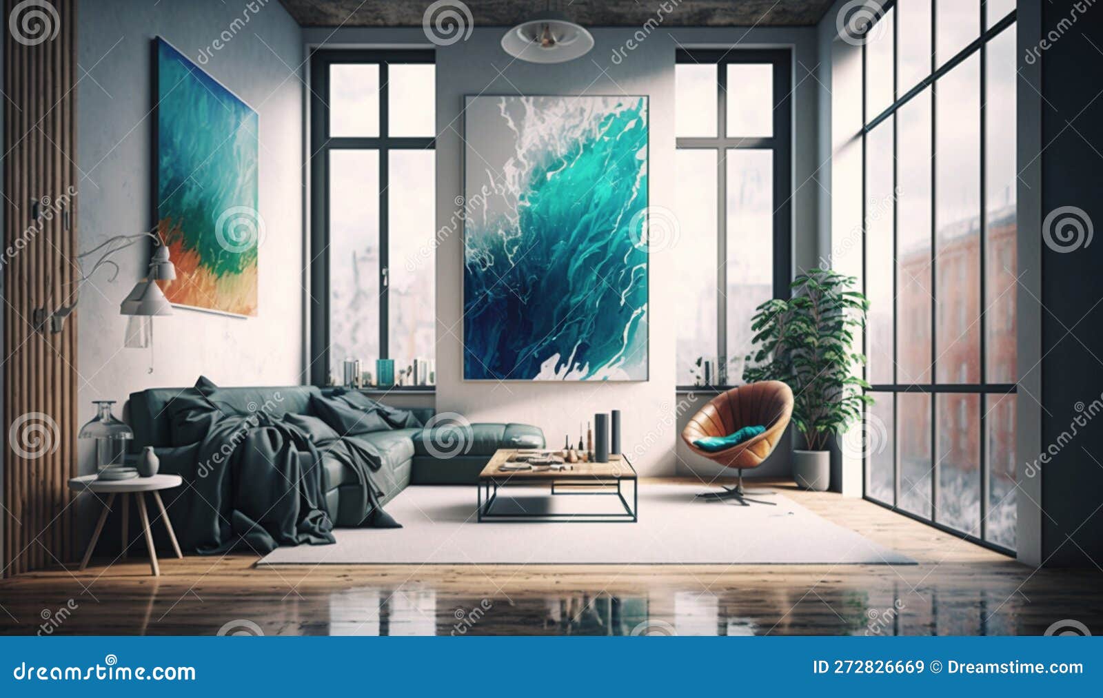 Modern Apartment with Big Windows and Abstract Art Frame on the Wall ...