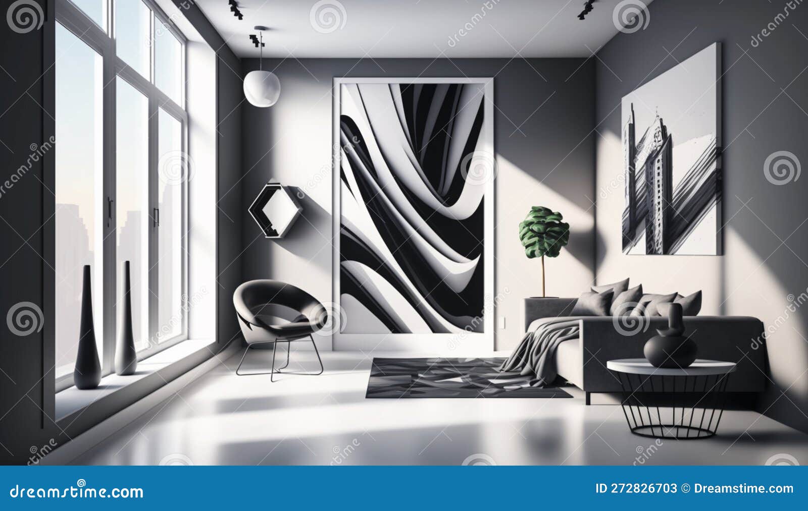 Modern Apartment with Big Windows and Abstract Art Frame on the Wall ...