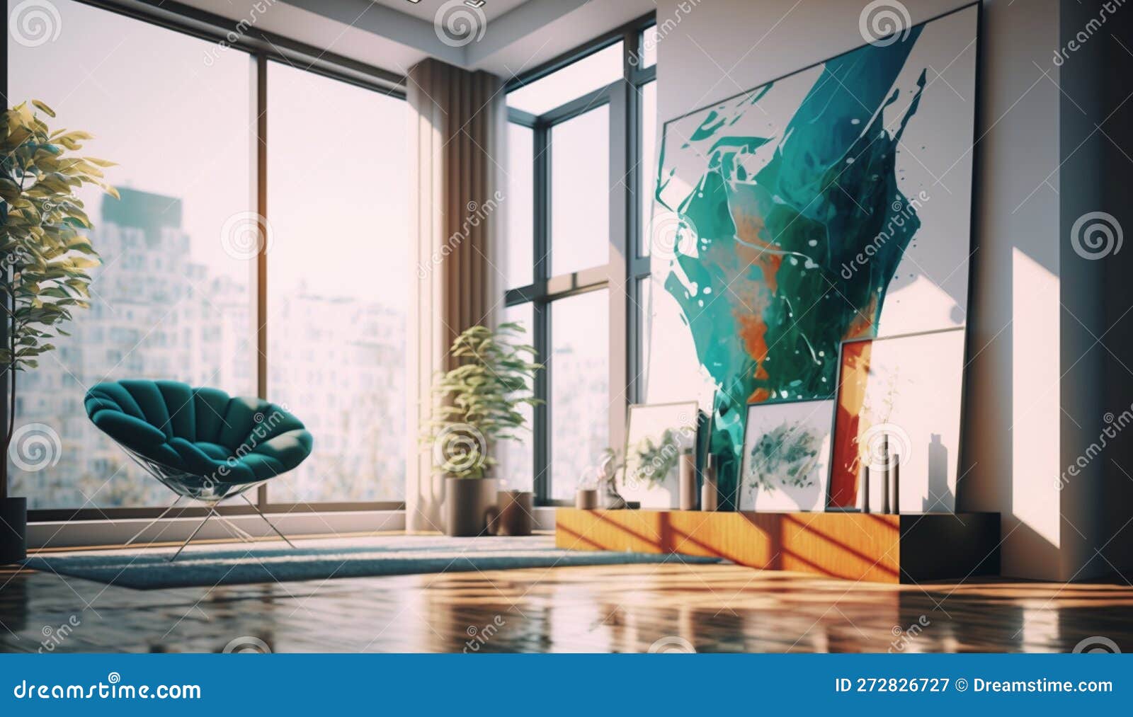Modern Apartment with Big Windows and Abstract Art Frame on the Wall ...