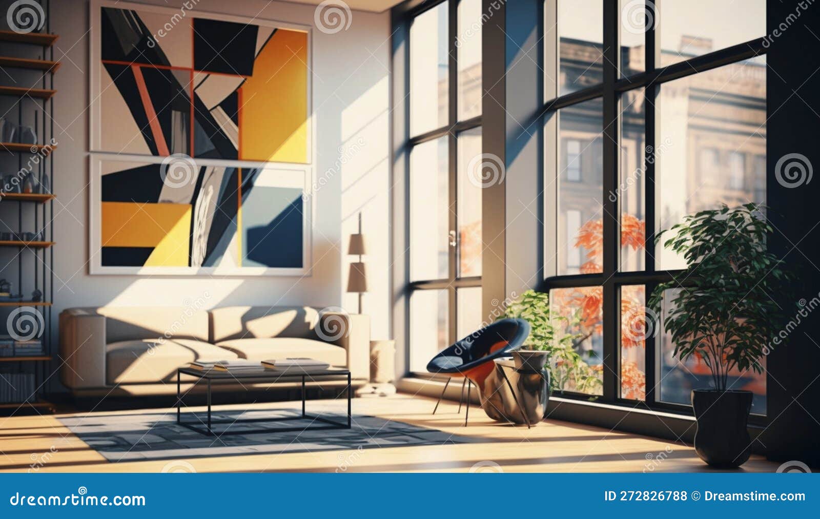 Modern Apartment with Big Windows and Abstract Art Frame on the Wall ...