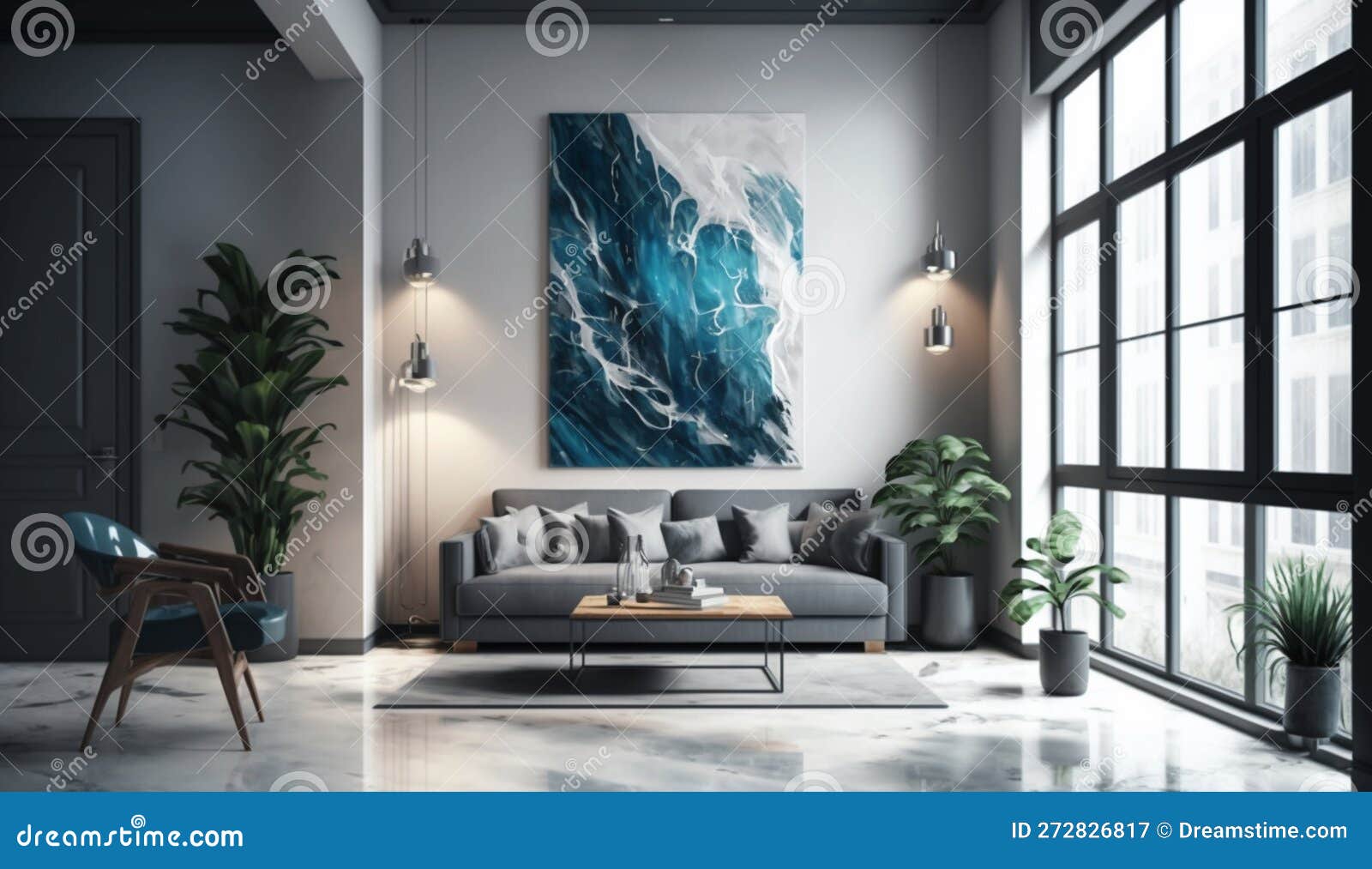 Modern Apartment with Big Windows and Abstract Art Frame on the Wall ...