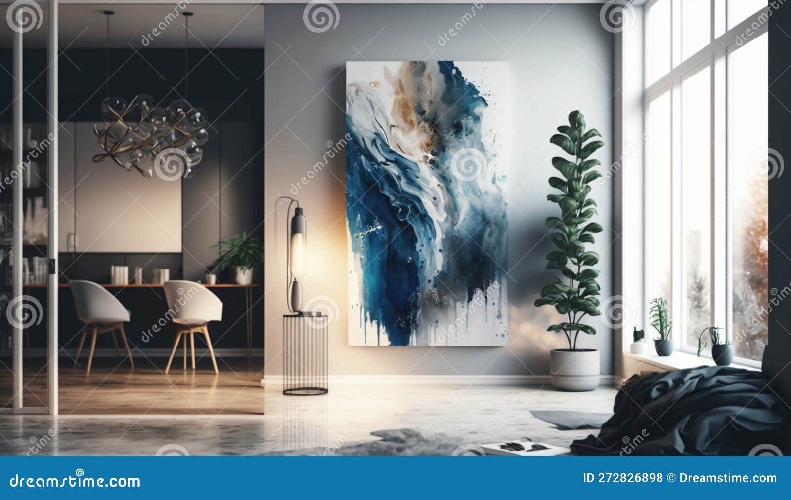 Modern Apartment with Big Windows and Abstract Art Frame on the Wall ...