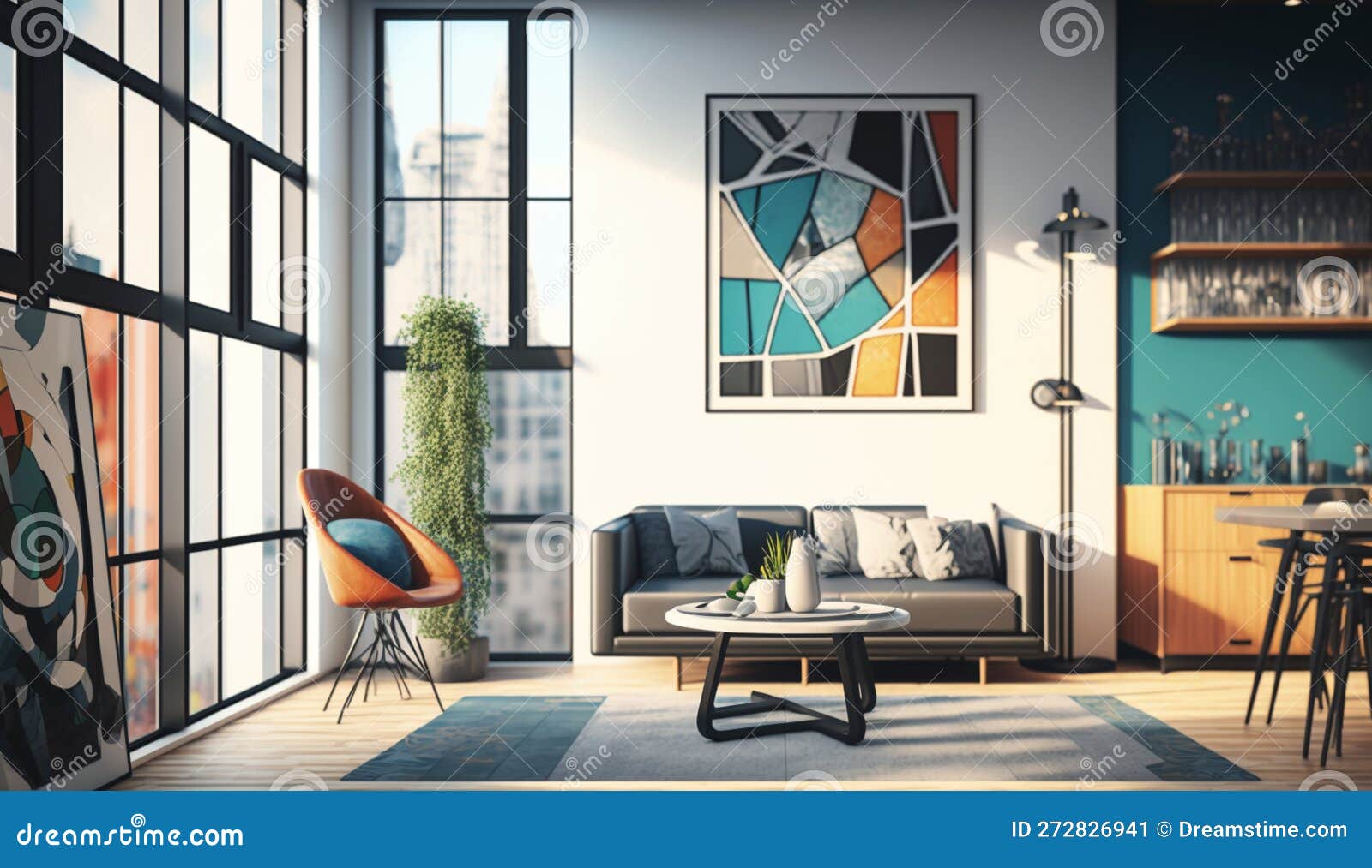 Modern Apartment with Big Windows and Abstract Art Frame on the Wall ...