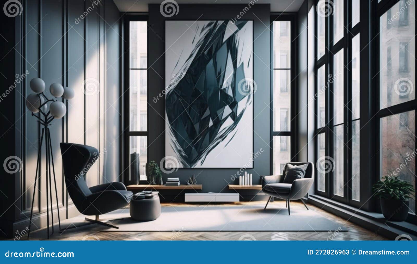 Modern Apartment with Big Windows and Abstract Art Frame on the Wall ...