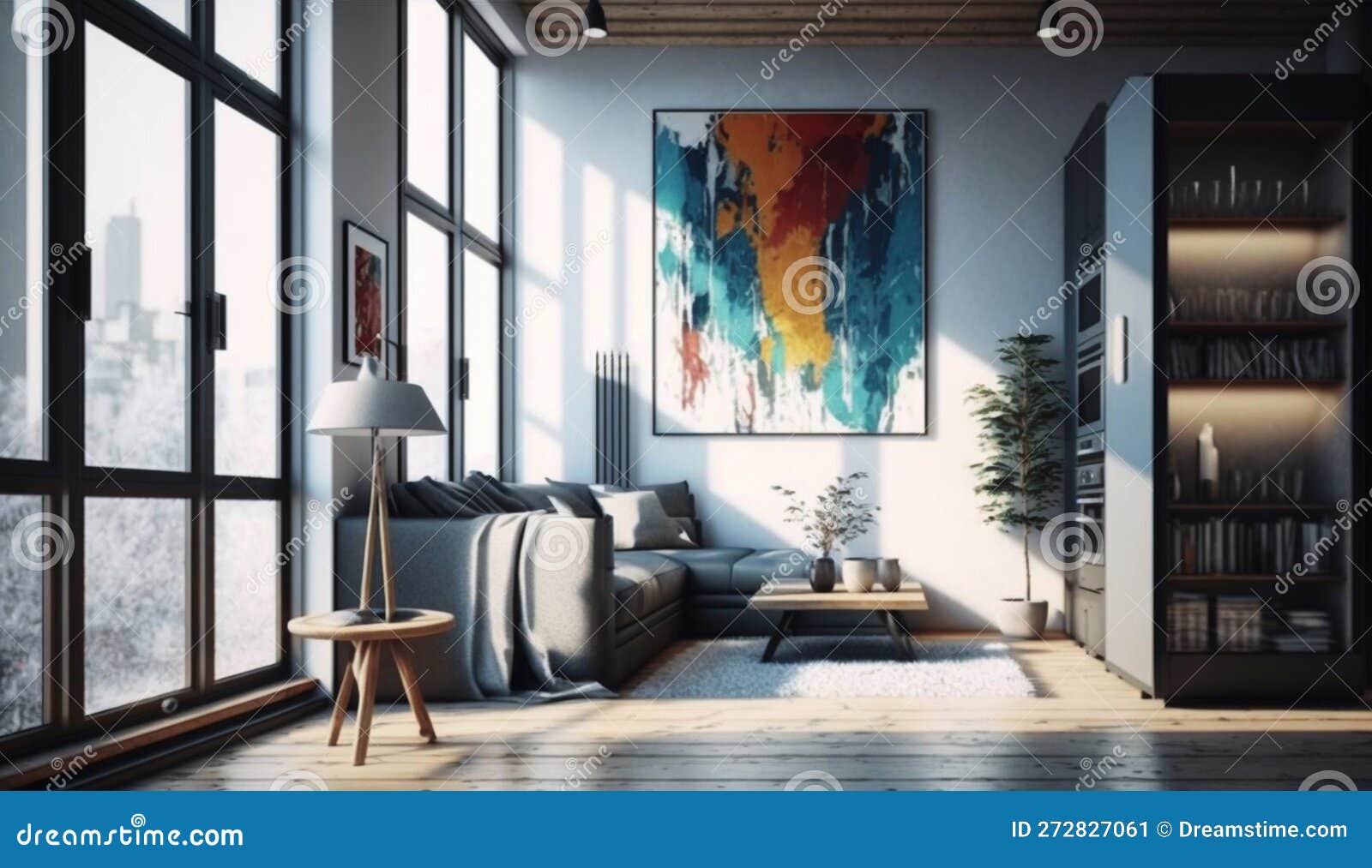 Modern Apartment with Big Windows and Abstract Art Frame on the Wall ...