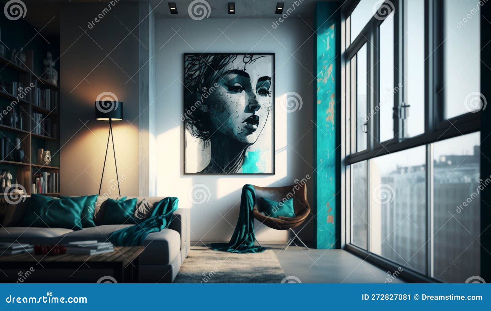 Modern Apartment with Big Windows and Abstract Art Frame on the Wall ...