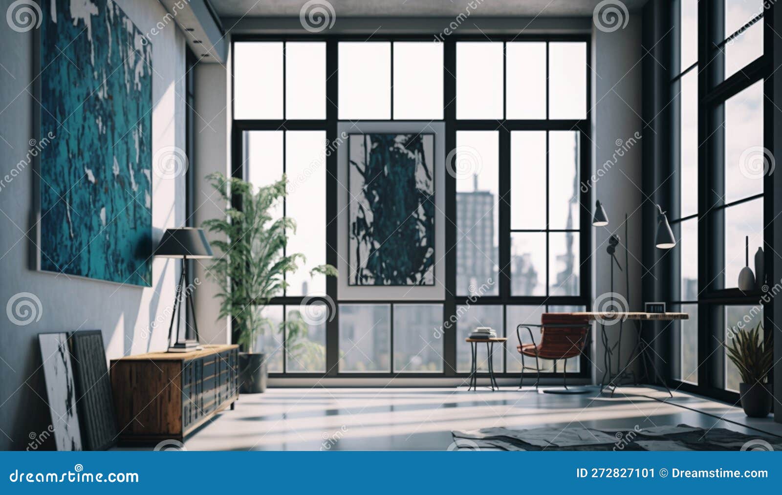 Modern Apartment with Big Windows and Abstract Art Frame on the Wall ...