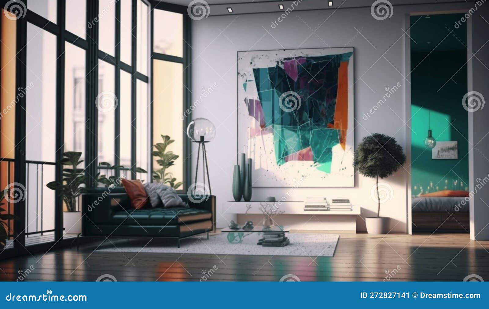 Modern Apartment with Big Windows and Abstract Art Frame on the Wall ...