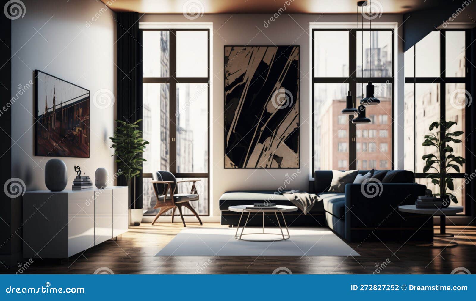 Modern Apartment with Big Windows and Abstract Art Frame on the Wall ...