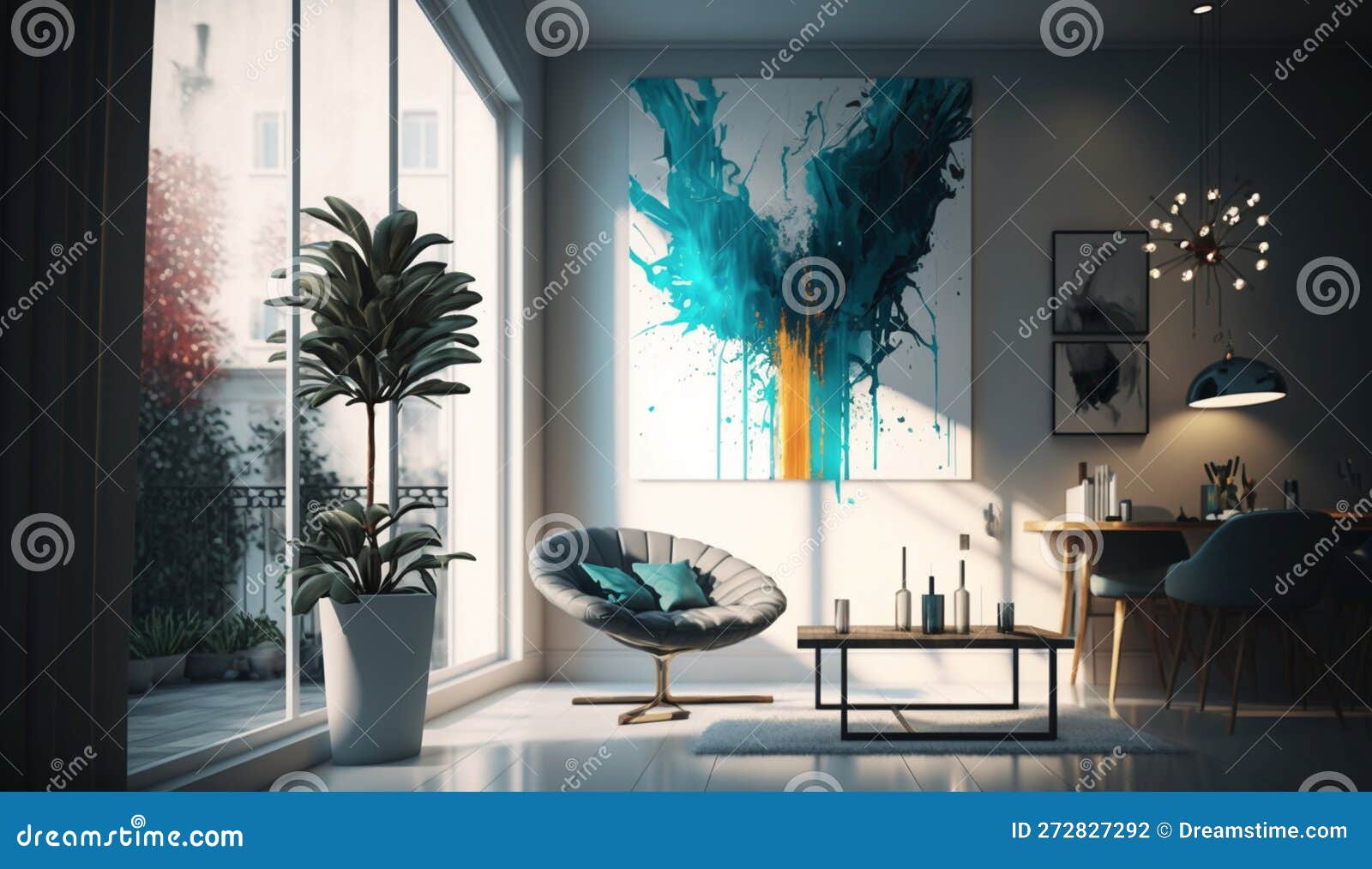 Modern Apartment with Big Windows and Abstract Art Frame on the Wall ...