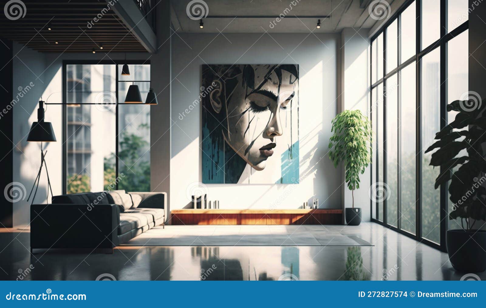 Modern Apartment with Big Windows and Abstract Art Frame on the Wall ...