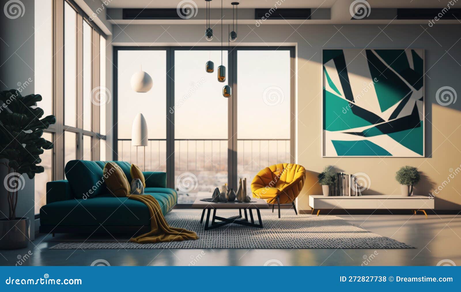 Modern Apartment with Big Windows and Abstract Art Frame on the Wall ...