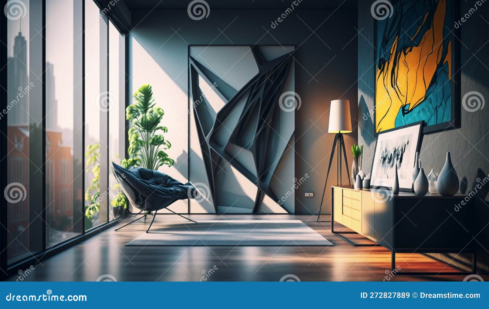 Modern Apartment with Big Windows and Abstract Art Frame on the Wall ...