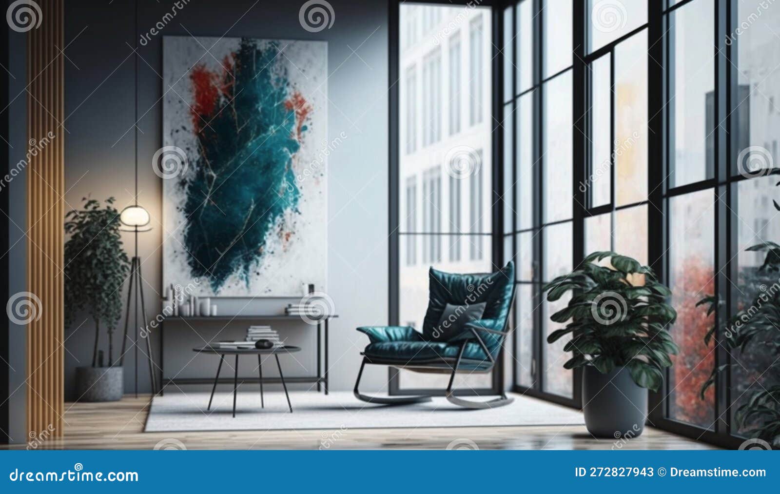 Modern Apartment with Big Windows and Abstract Art Frame on the Wall ...