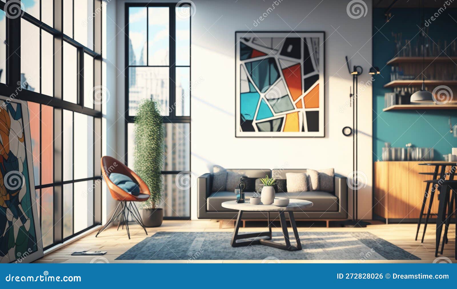 Modern Apartment with Big Windows and Abstract Art Frame on the Wall ...