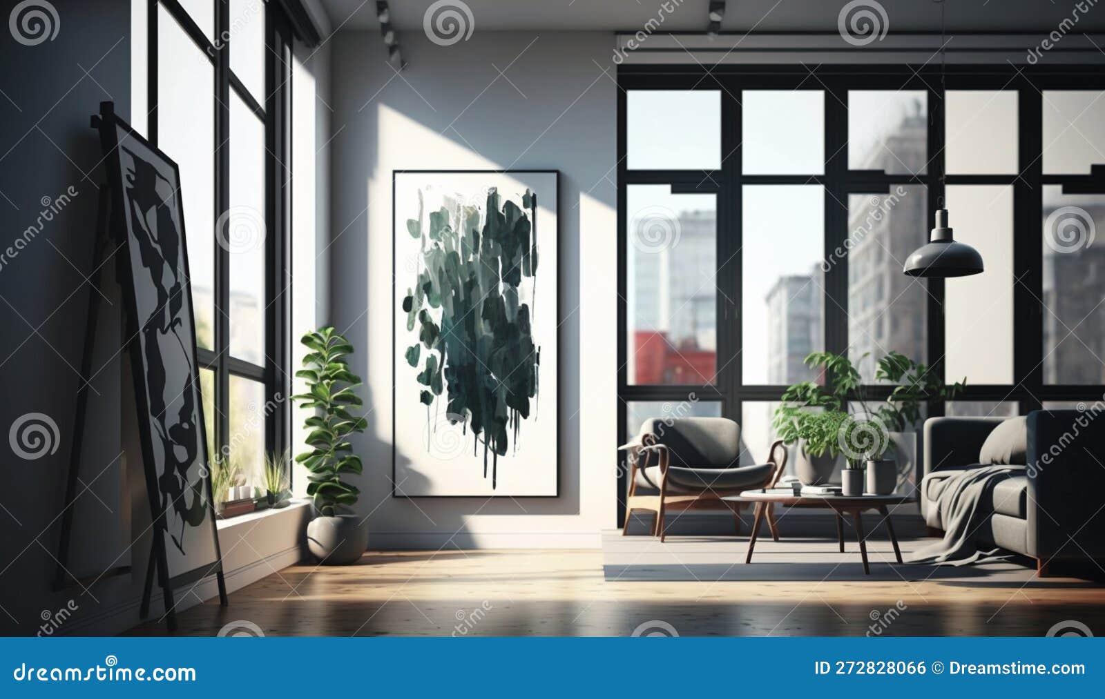 Modern Apartment with Big Windows and Abstract Art Frame on the Wall ...