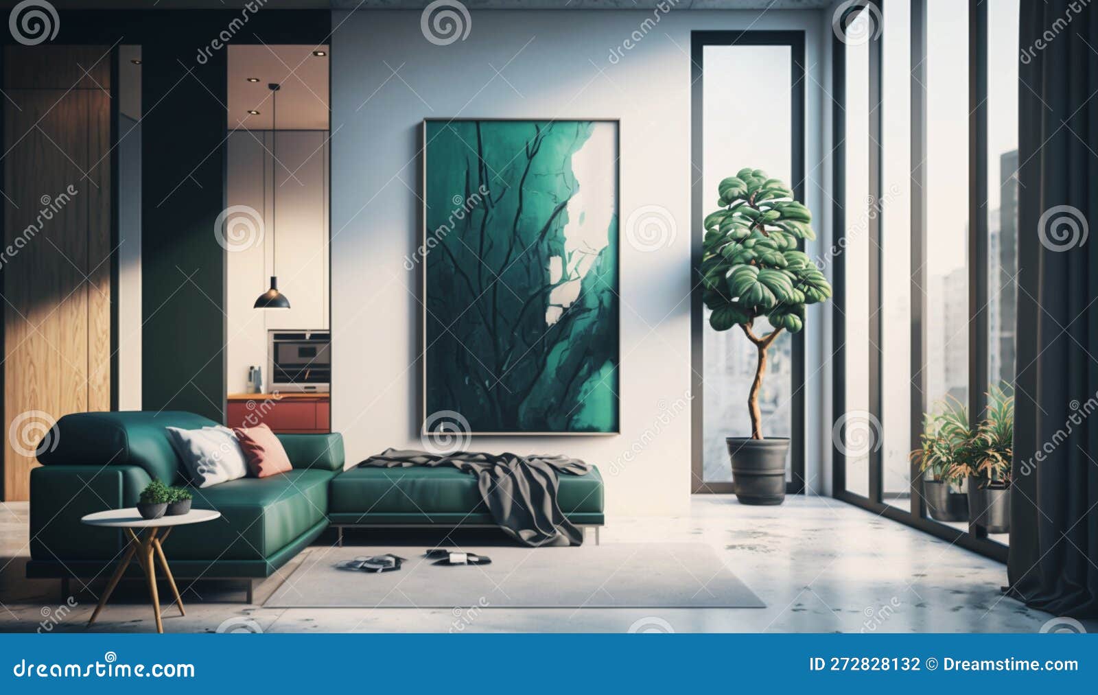 Modern Apartment with Big Windows and Abstract Art Frame on the Wall ...
