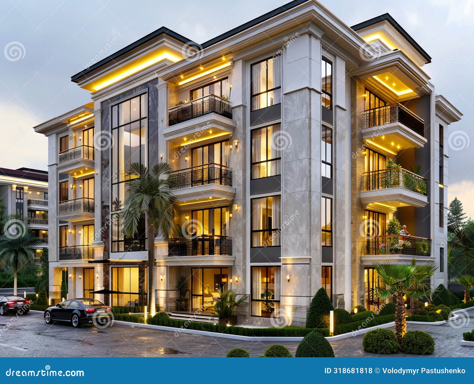 A Modern Apartment Building with Balconies and Trees Stock Photo - Image of mixeduse, house ...