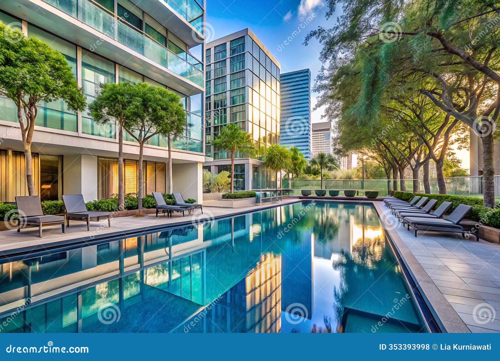 Modern Apartment Complex Pool with City Skyline View Stock Illustration ...
