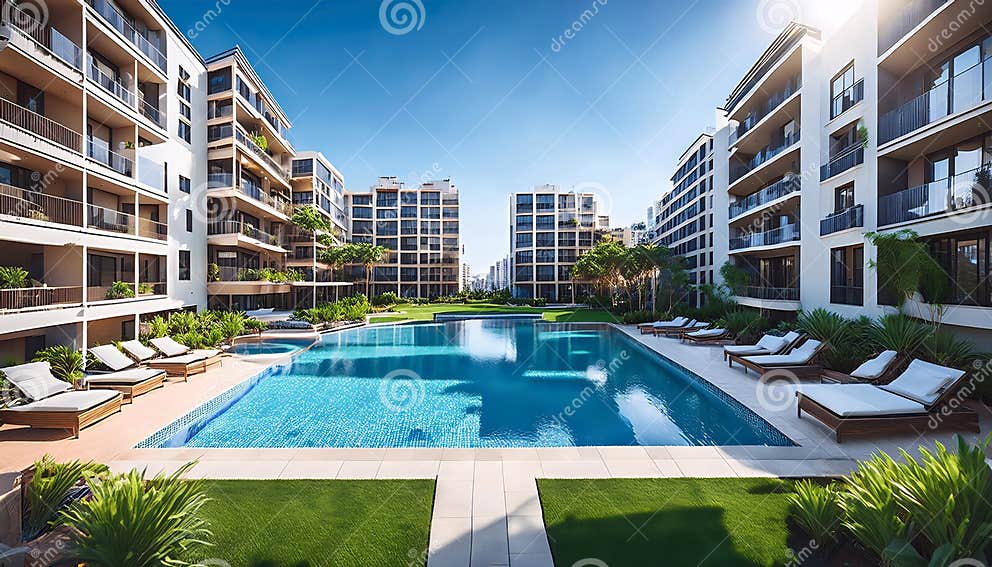 Modern Apartment Complex with Pool Under Blue Sky Stock Illustration ...