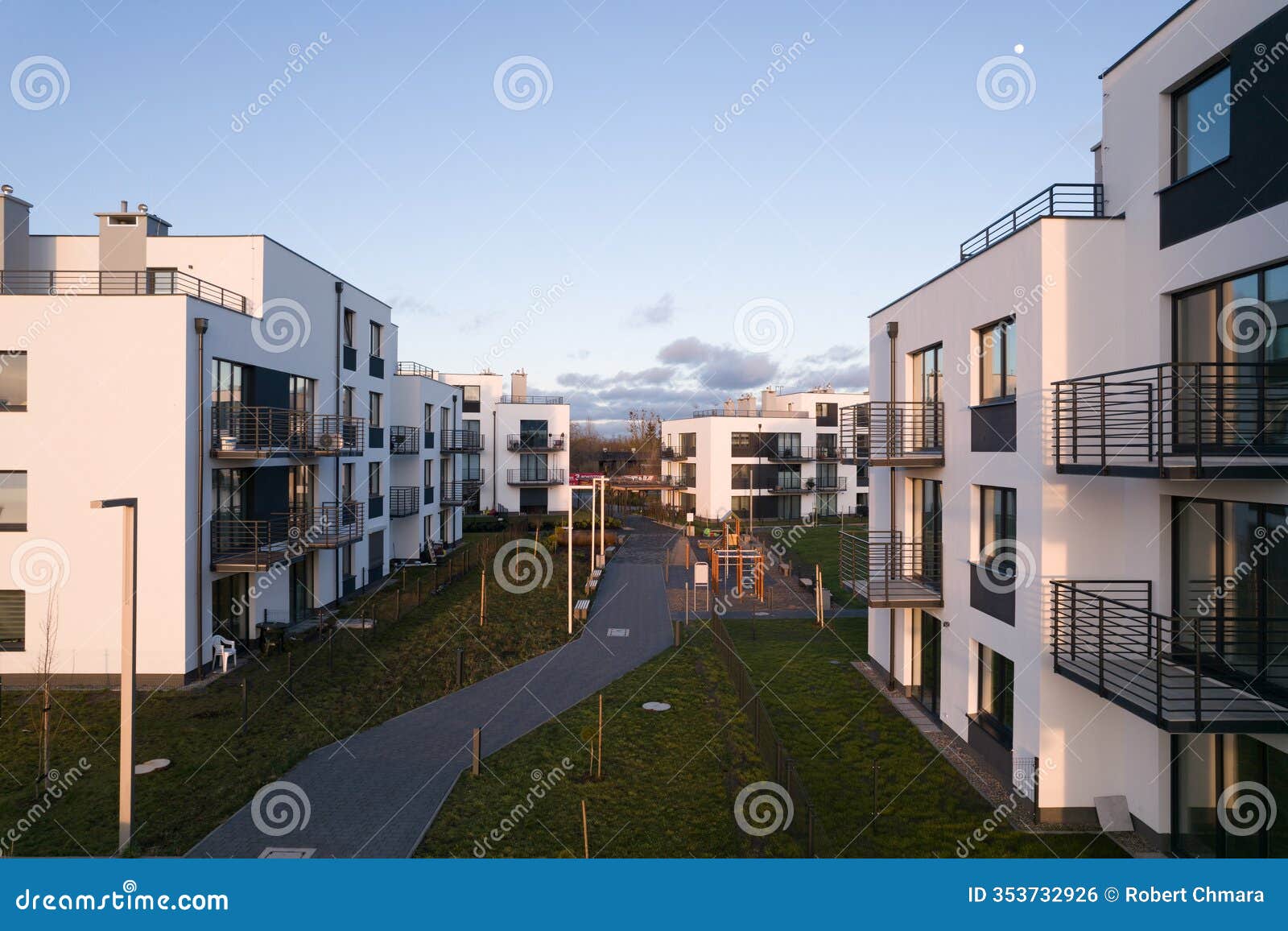 Modern Apartment Complex with Shared Outdoor Space Stock Photo - Image ...
