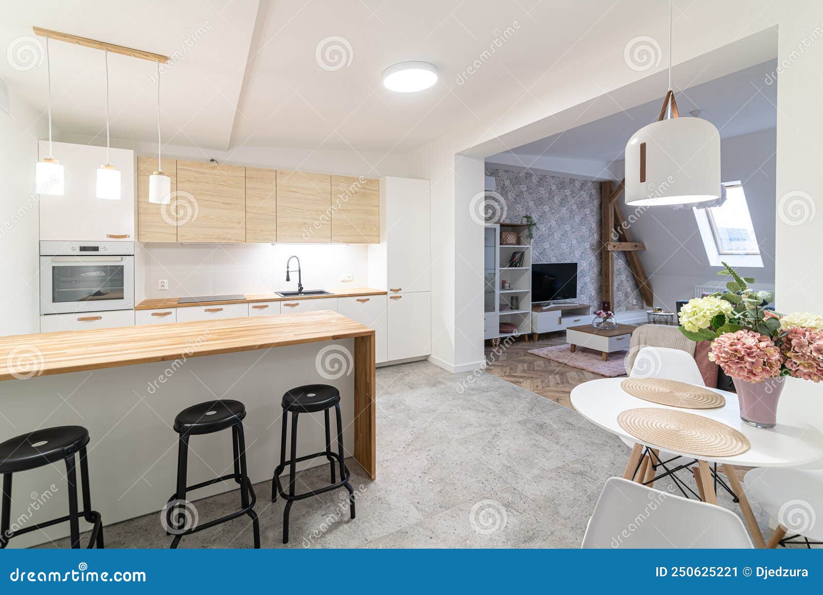 Modern Apartment Kitchen with a Counte Stock Image - Image of inside ...