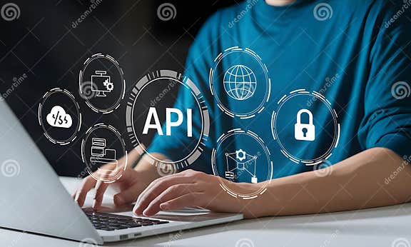 Modern API Development Programmer Working on Laptop Secure Global Network Interface Technology ...