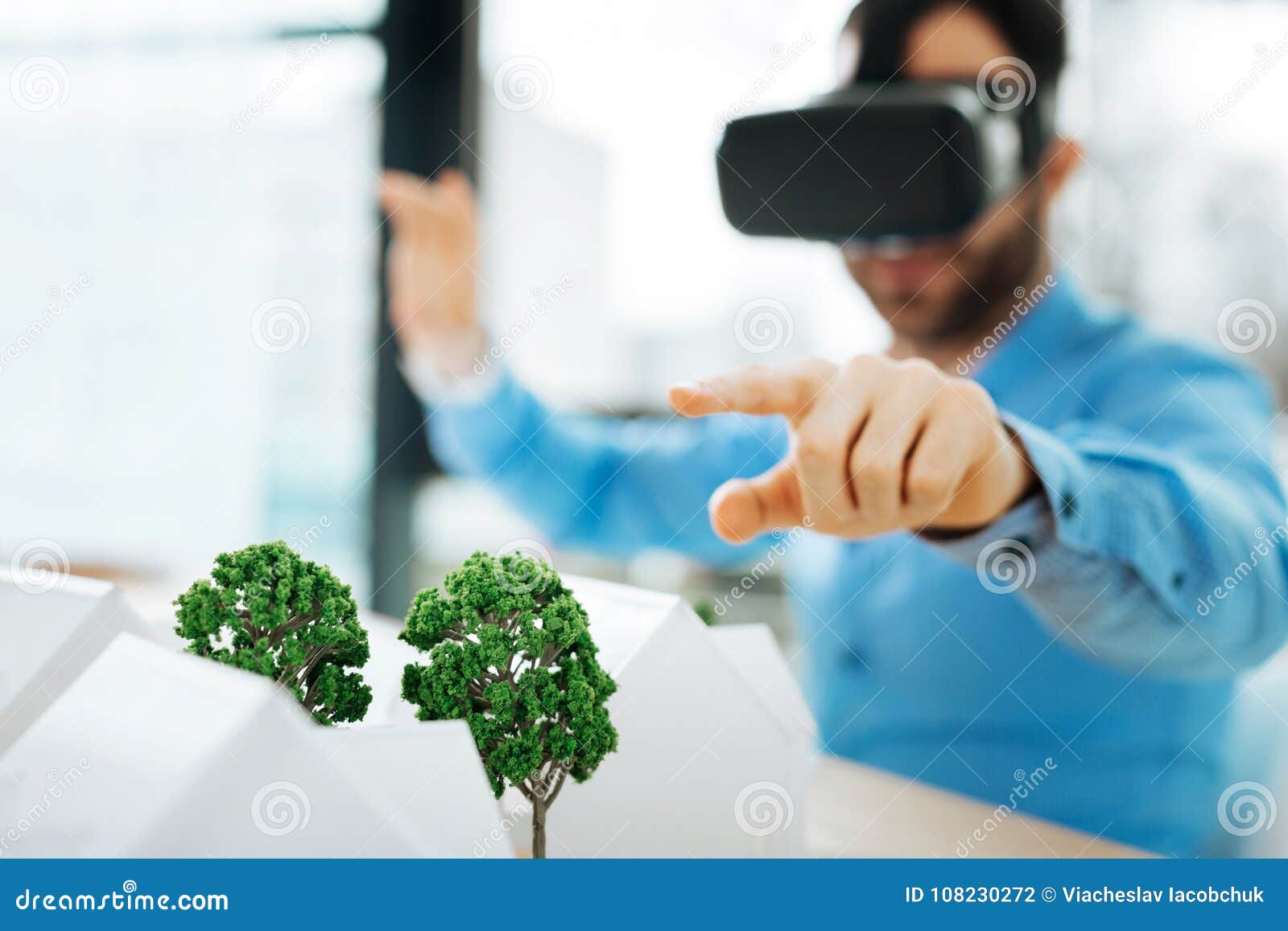 Pleasant Architect in VR Headset Pointing at Tree Models Stock Photo ...