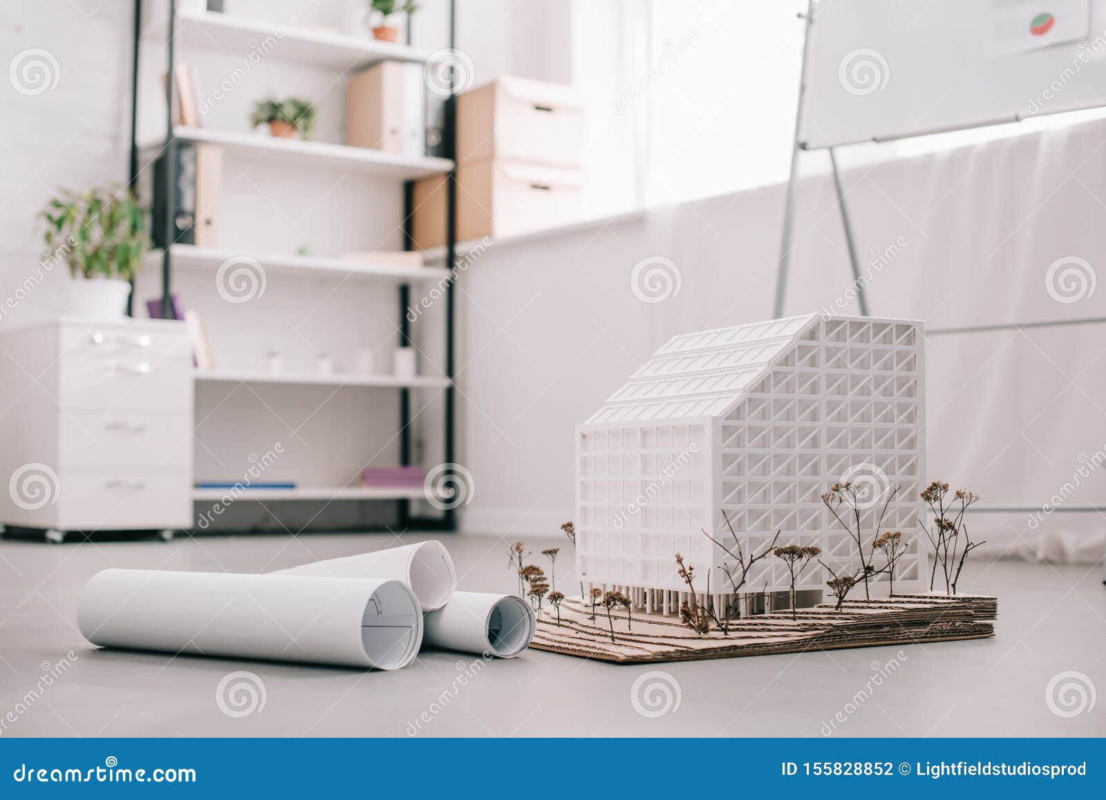 Modern Architect Office Design with Blueprints and House Model Stock ...