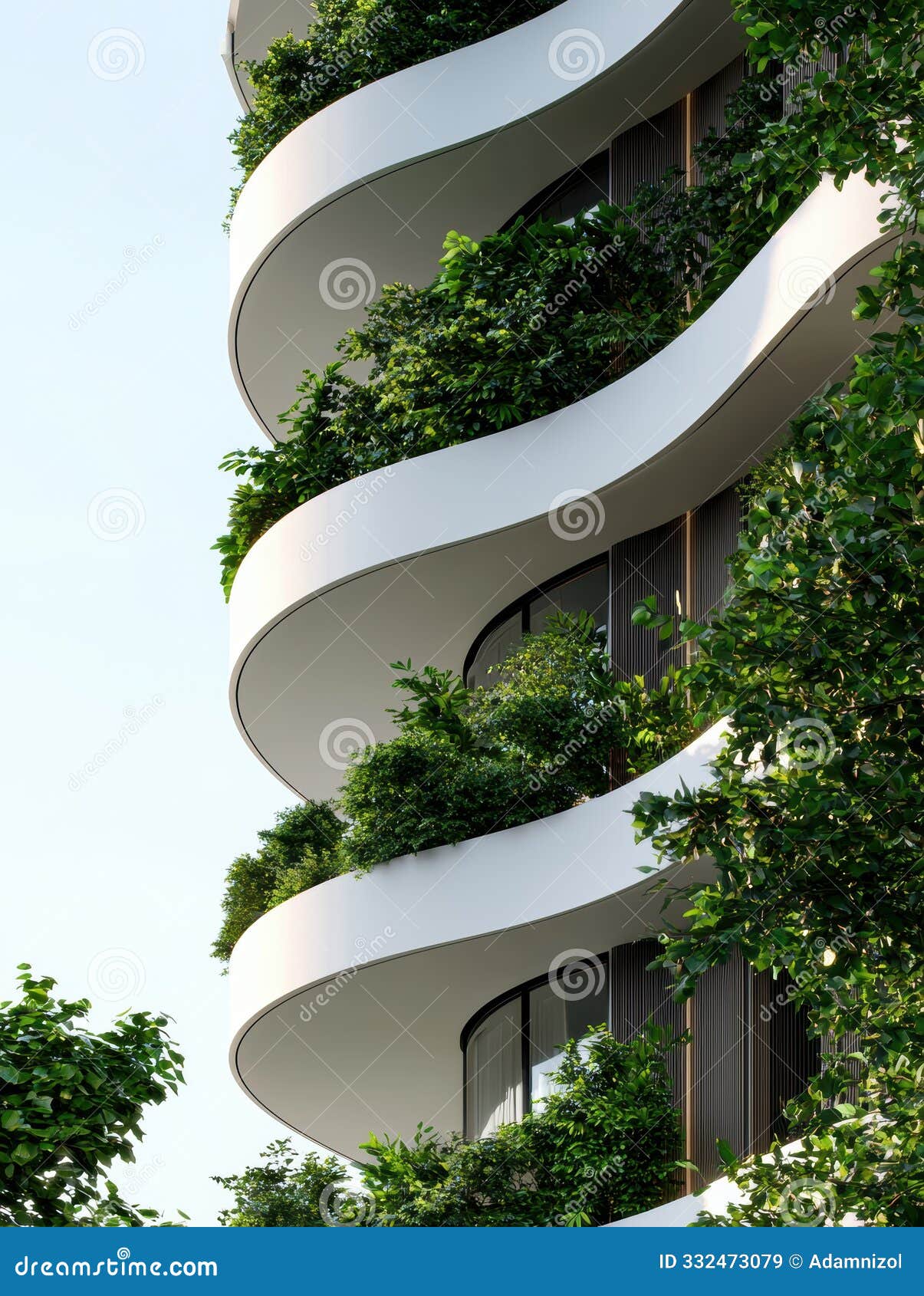 Modern Architectural Building with Curved Balconies and Lush Greenery ...
