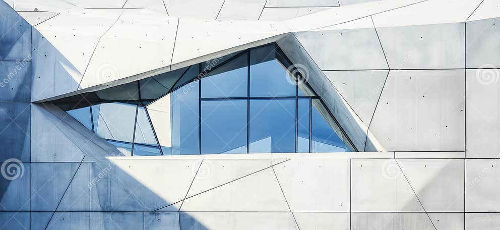 Modern Architectural Design, Angular Concrete Facade with Large Glass Window, Geometric Patterns ...
